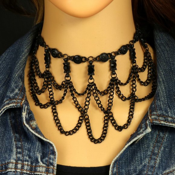 Jewelry | Black Bib Necklace Goth Choker Black Drippy Chains | Poshmark